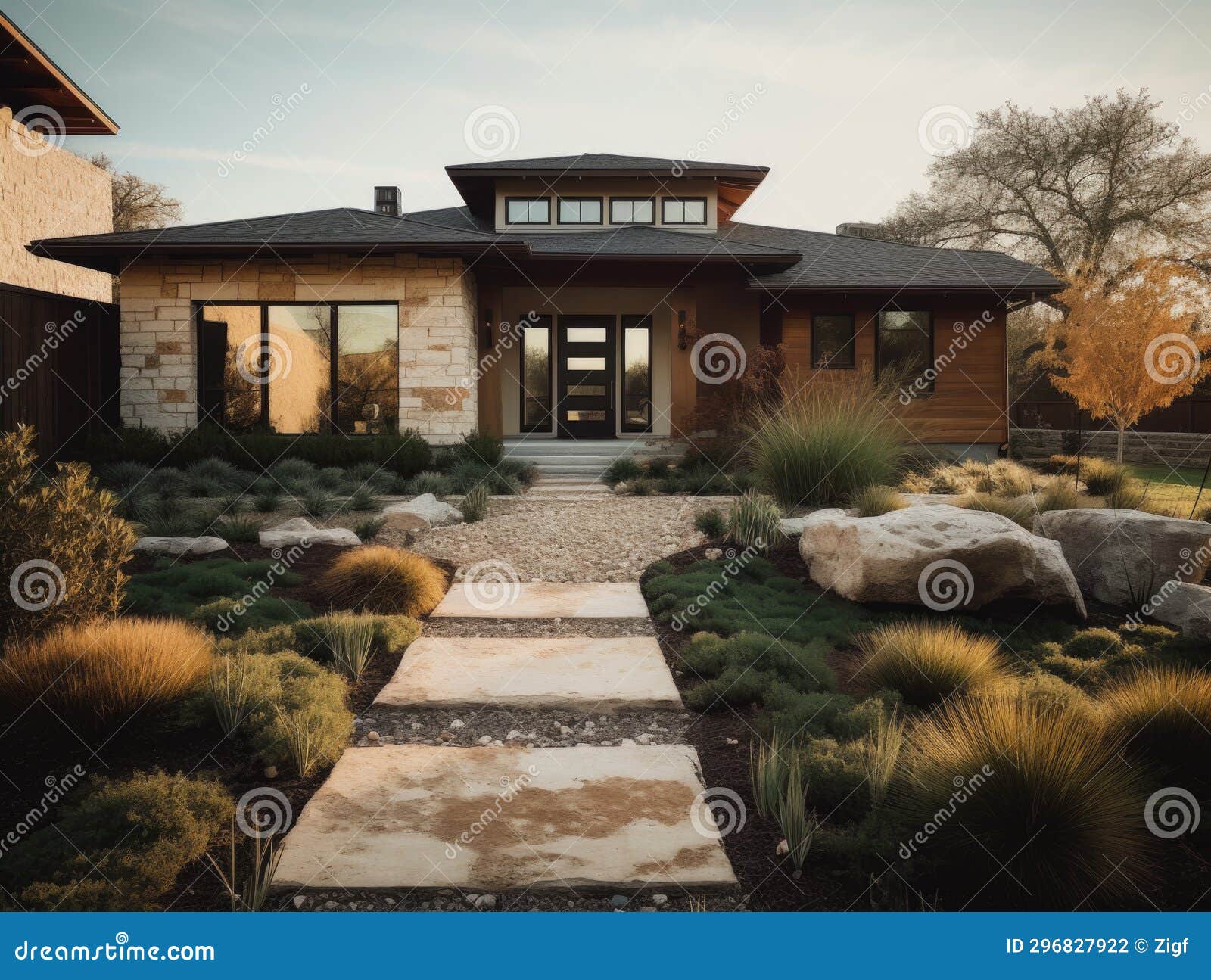 Modern Home with a Pathway and Landscaping Stock Illustration ...