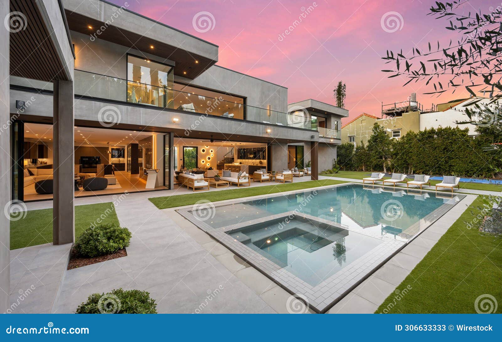 Modern Home with a Pool in the Middle of the Spacious Yard Stock Image ...