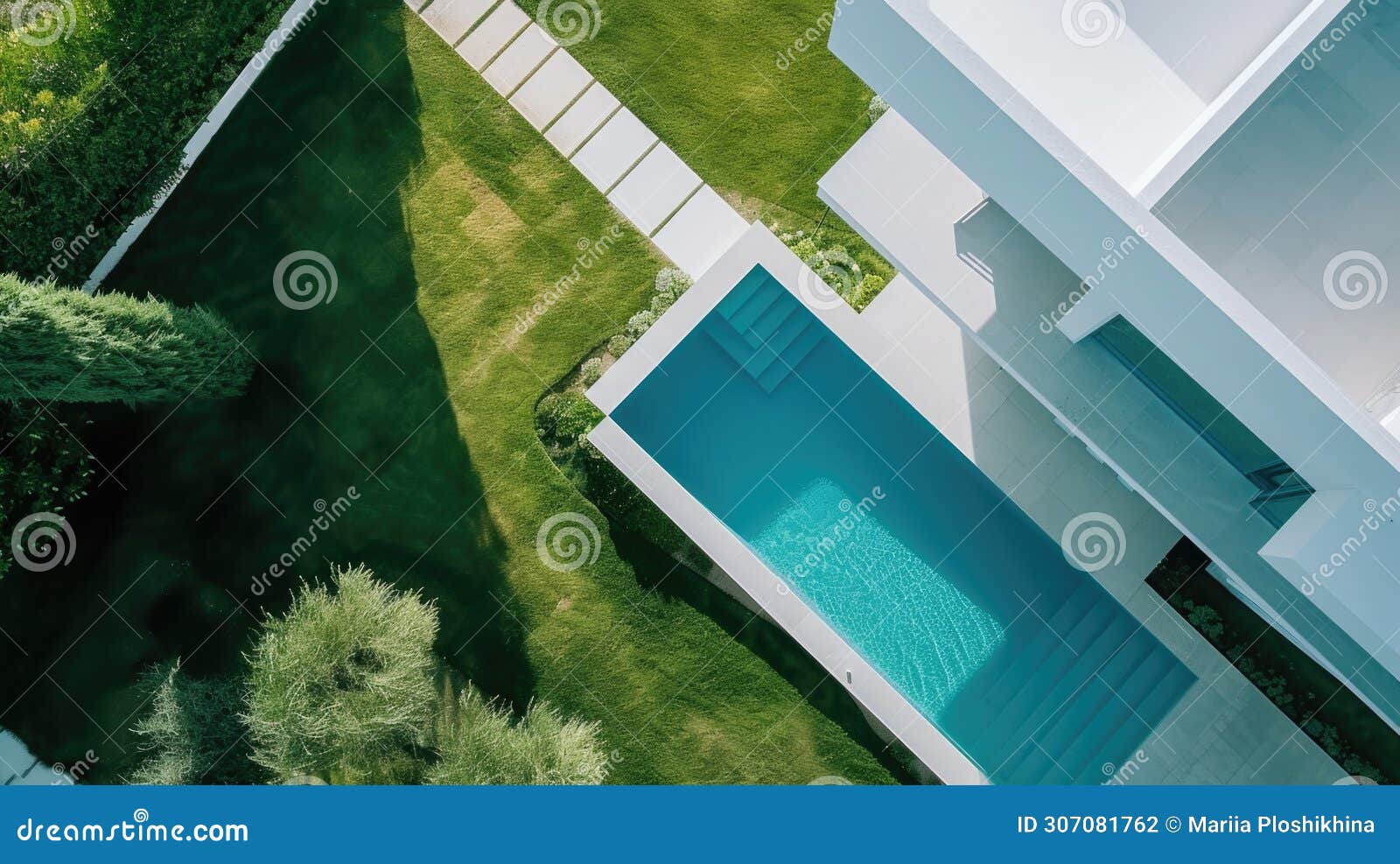 Modern Home with a Rectangular Swimming Pool and Green Lawn Aerial View ...