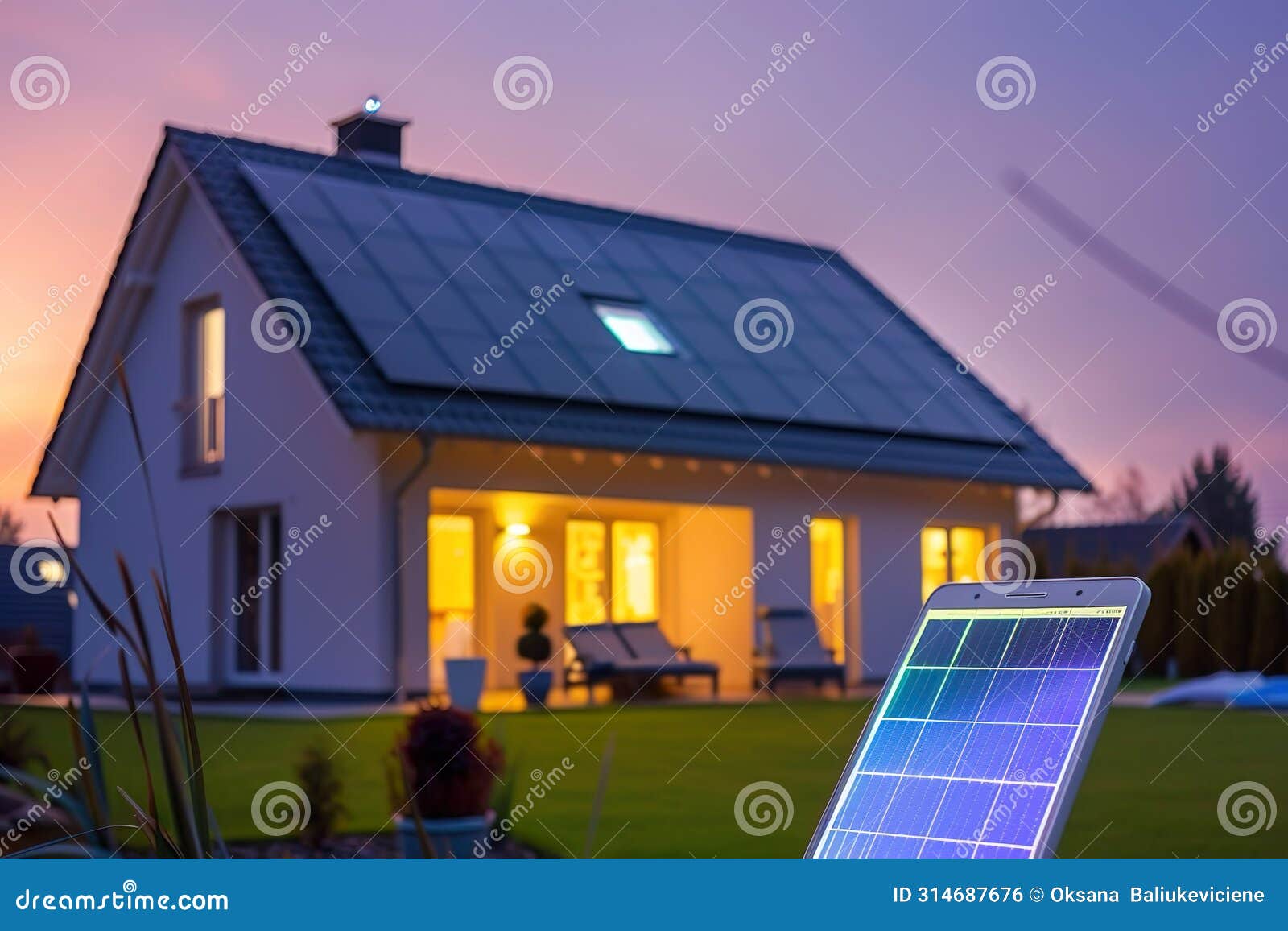 Modern Home with Solar Panels at Twilight Stock Photo - Image of dusk ...
