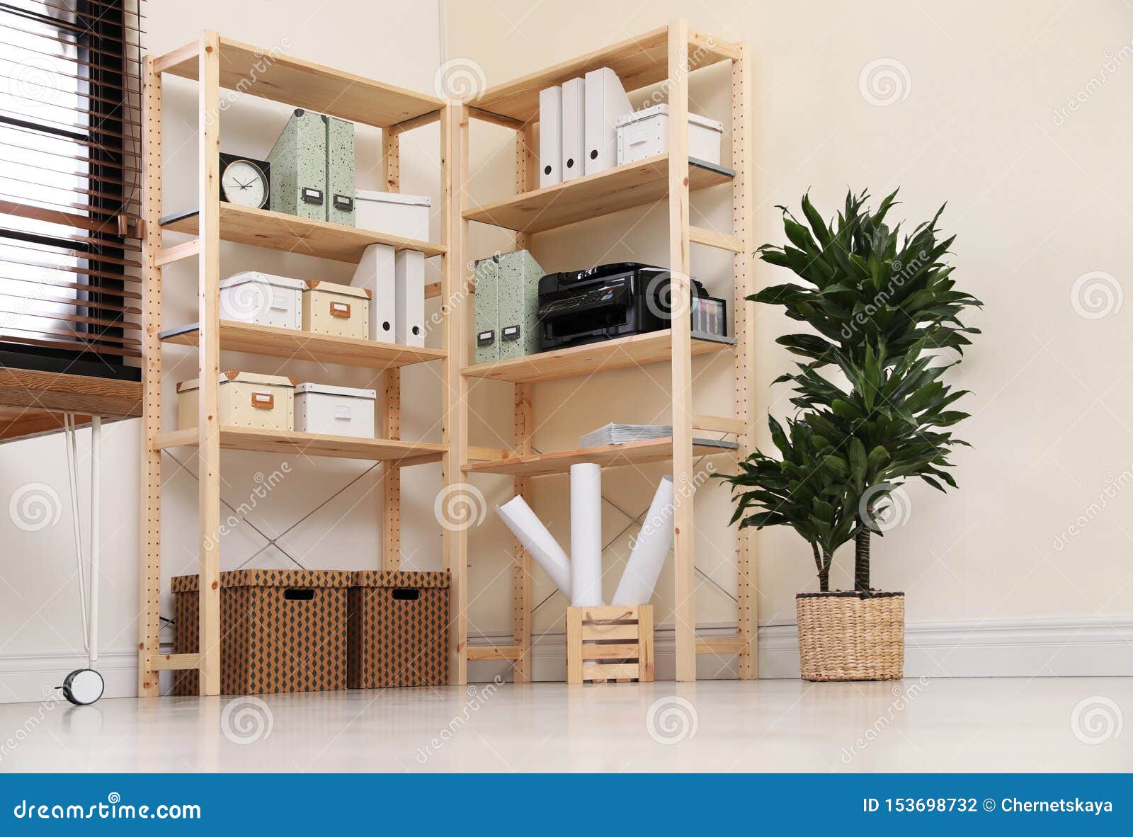 Modern Home Workplace with Wooden Storage Stock Photo - Image of decor ...