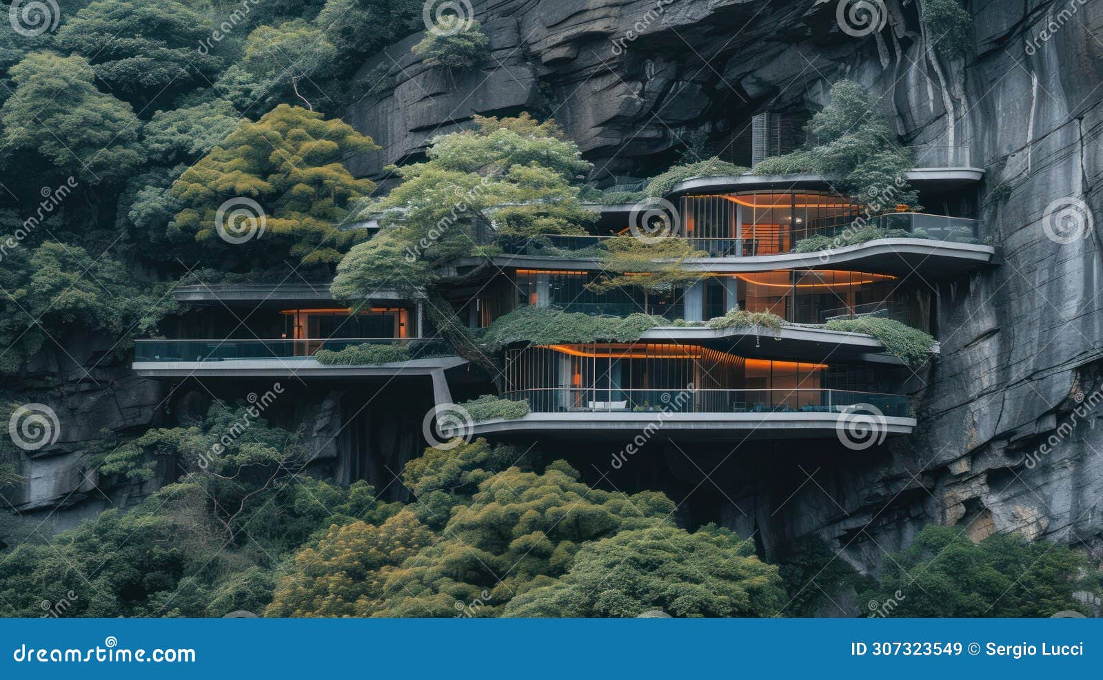 Modern Homes Embedded in Rocky Cliff Surrounded by Lush Greenery Stock ...
