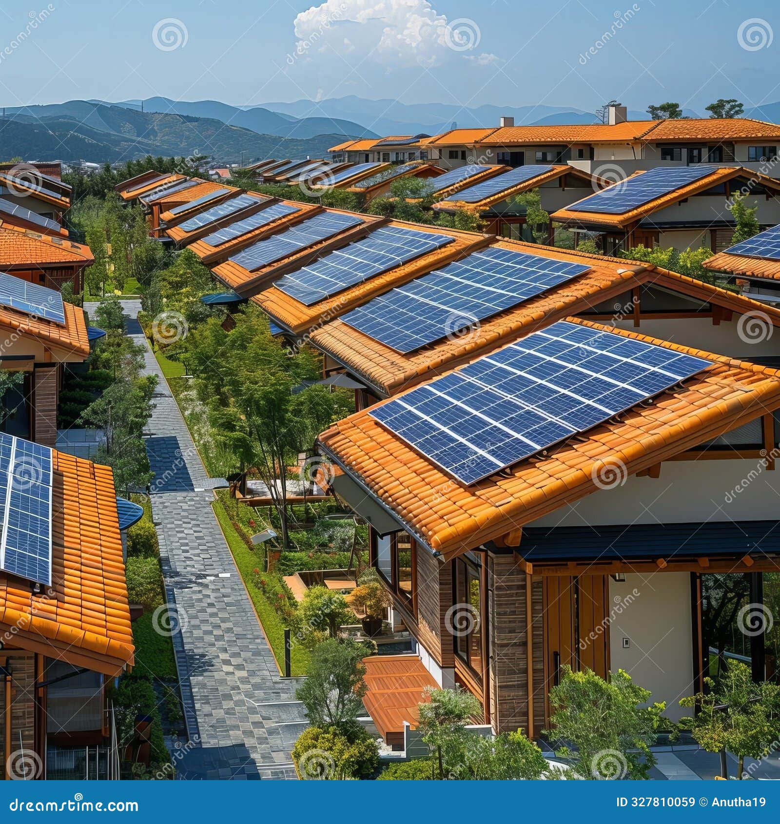 Modern Homes with Solar Panels on Rooftops Stock Illustration ...