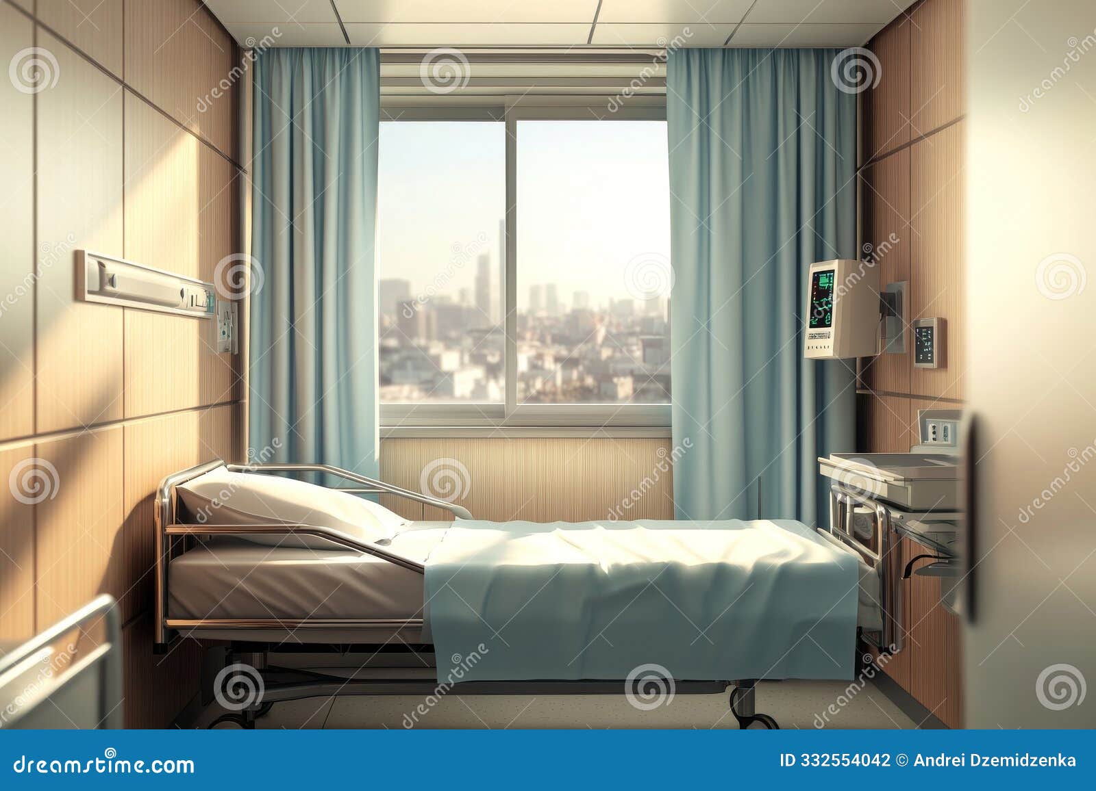 A Modern Hospital Interior Room with an Empty Bed, Large Windows, and ...