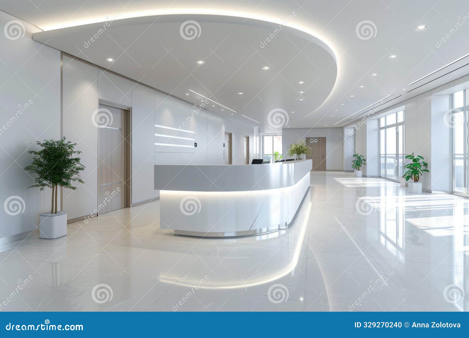 Modern Hospital Reception Area with White Walls and Curved Counter ...