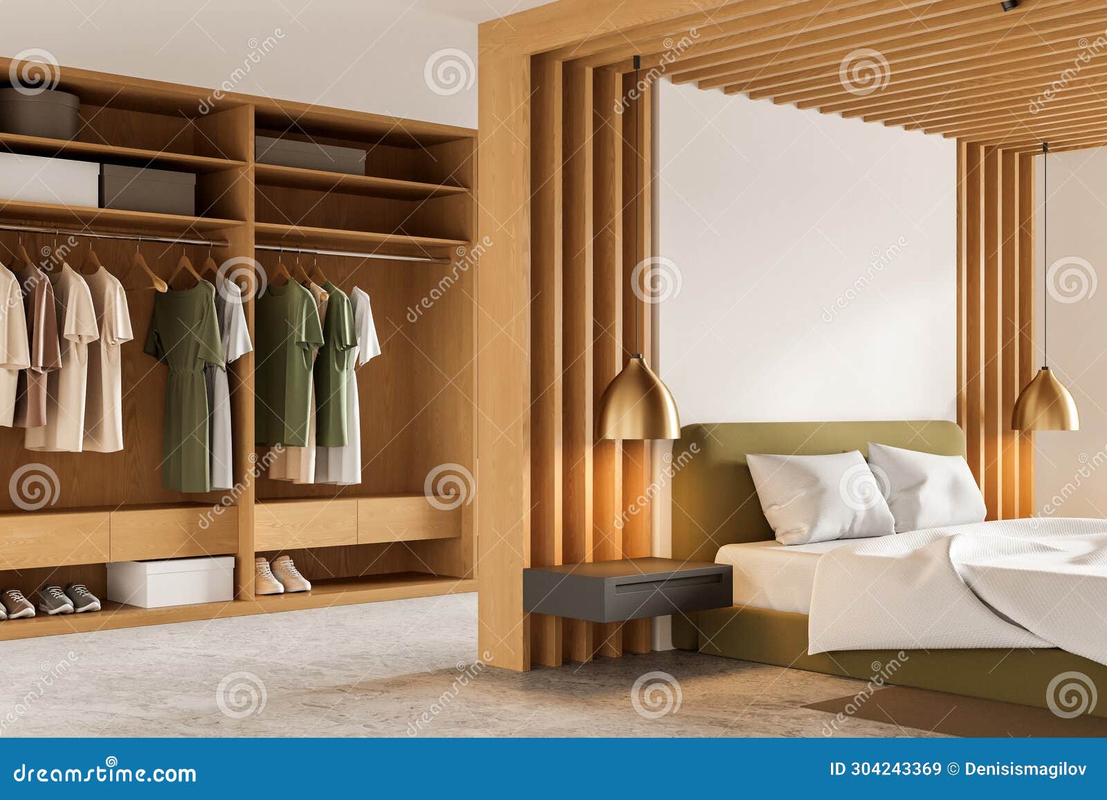 Modern Hotel Bedroom Interior With Bed Wardrobe And Clothes Mockup