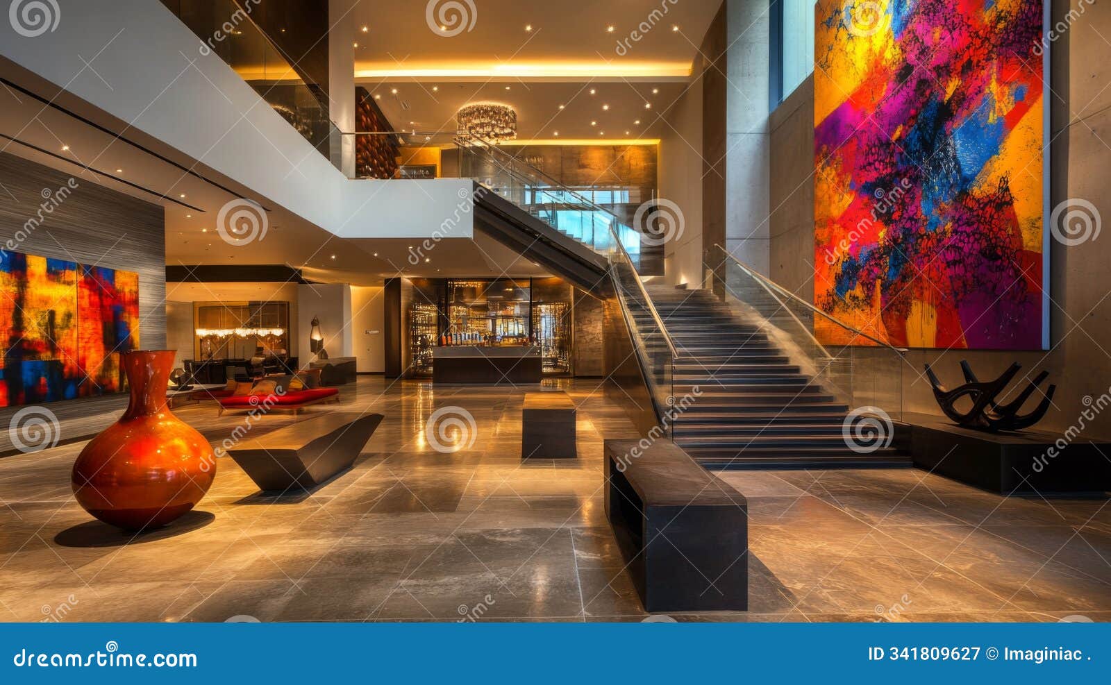 Modern Hotel Lobby with Abstract Artwork and Staircase Stock ...