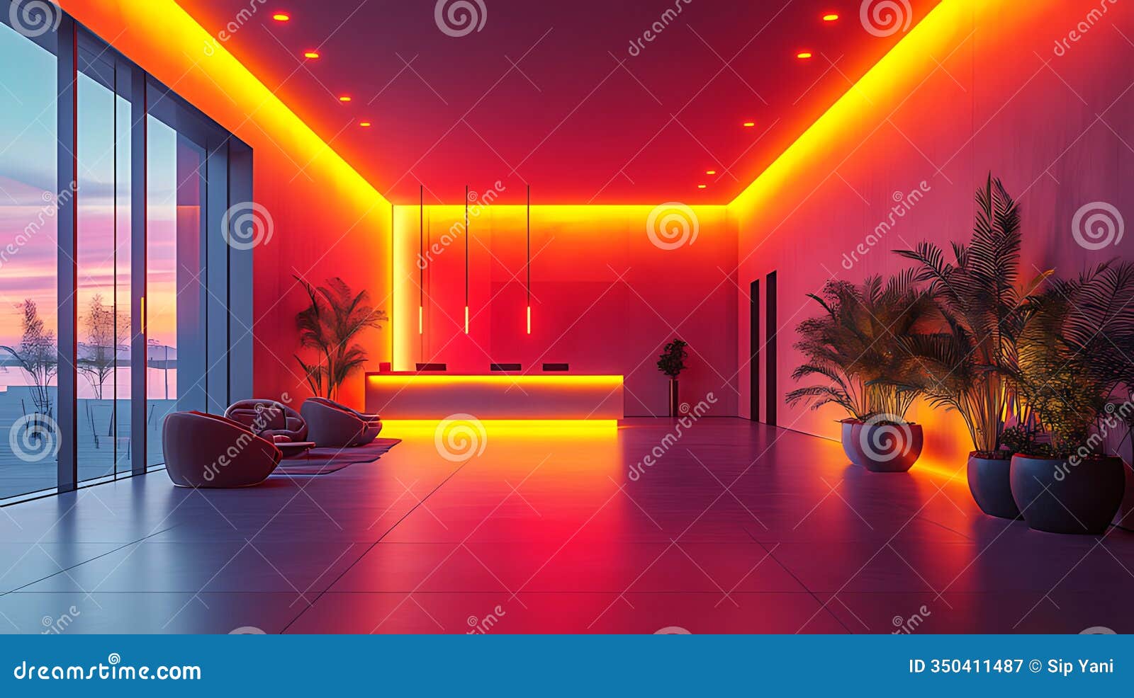 Modern Hotel Lobby Interior Design with Neon Lighting, a Reception Desk ...