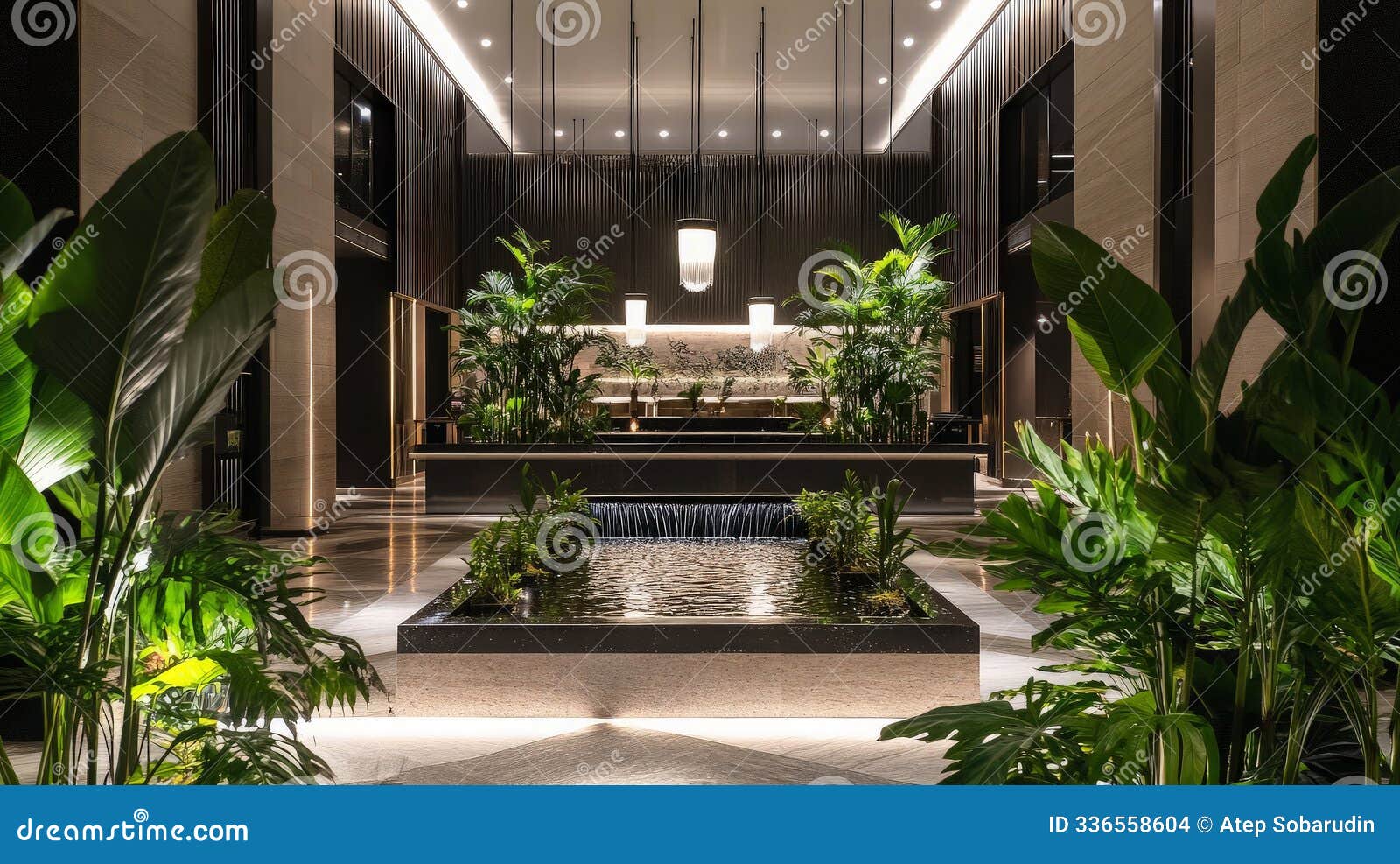 Modern Hotel Lobby with Lush Greenery and Water Feature Stock Photo ...