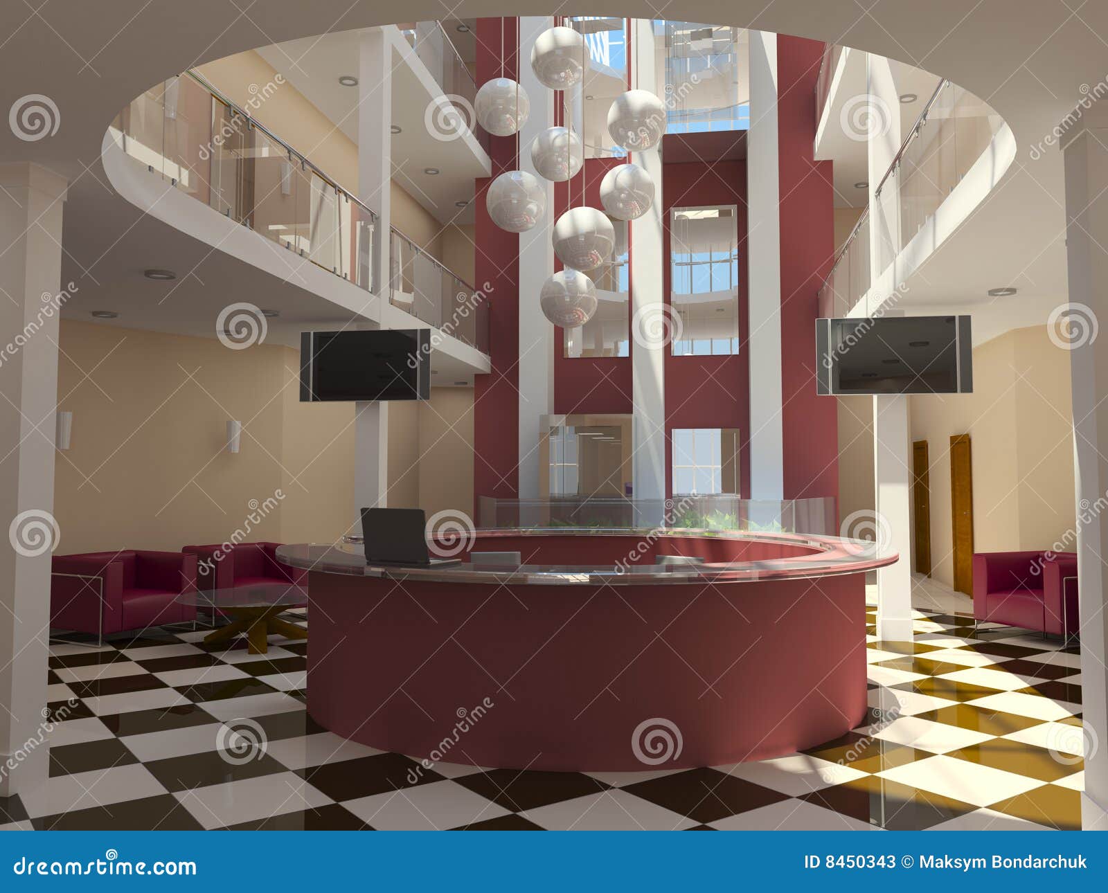 Modern Hotel Lobby With Multi-level Interior Space And Balconies. The ...