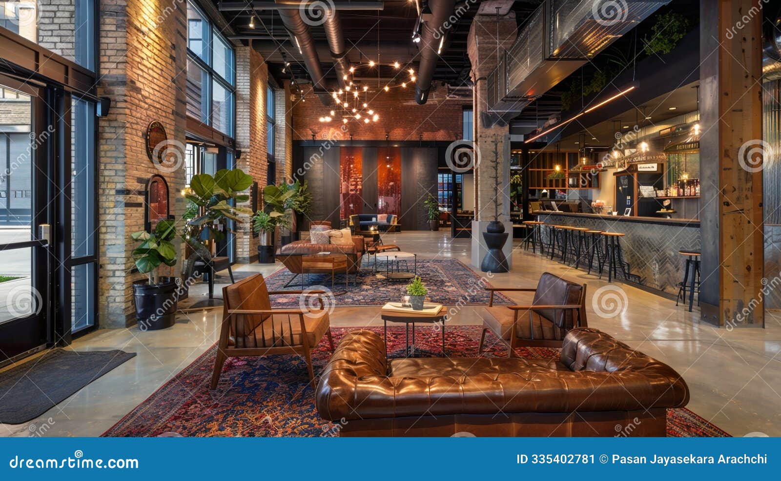 Modern Hotel Lobby Showcasing Industrial Chic Design Stock Illustration ...