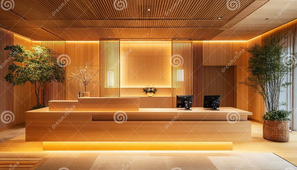 Modern Hotel Reception Desk Made of Light Wood and Illuminated from the ...