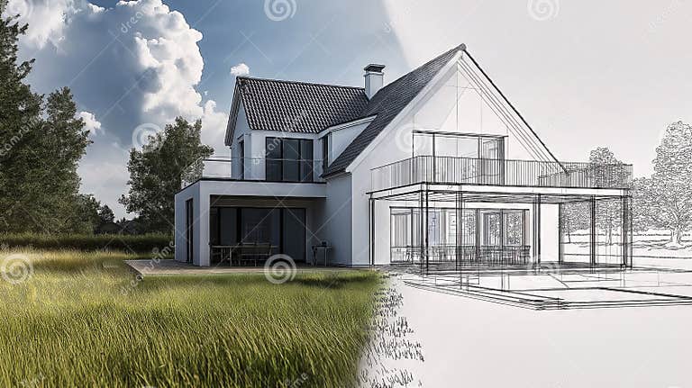 Modern House is Being Constructed, with Half of the Structure Still in ...