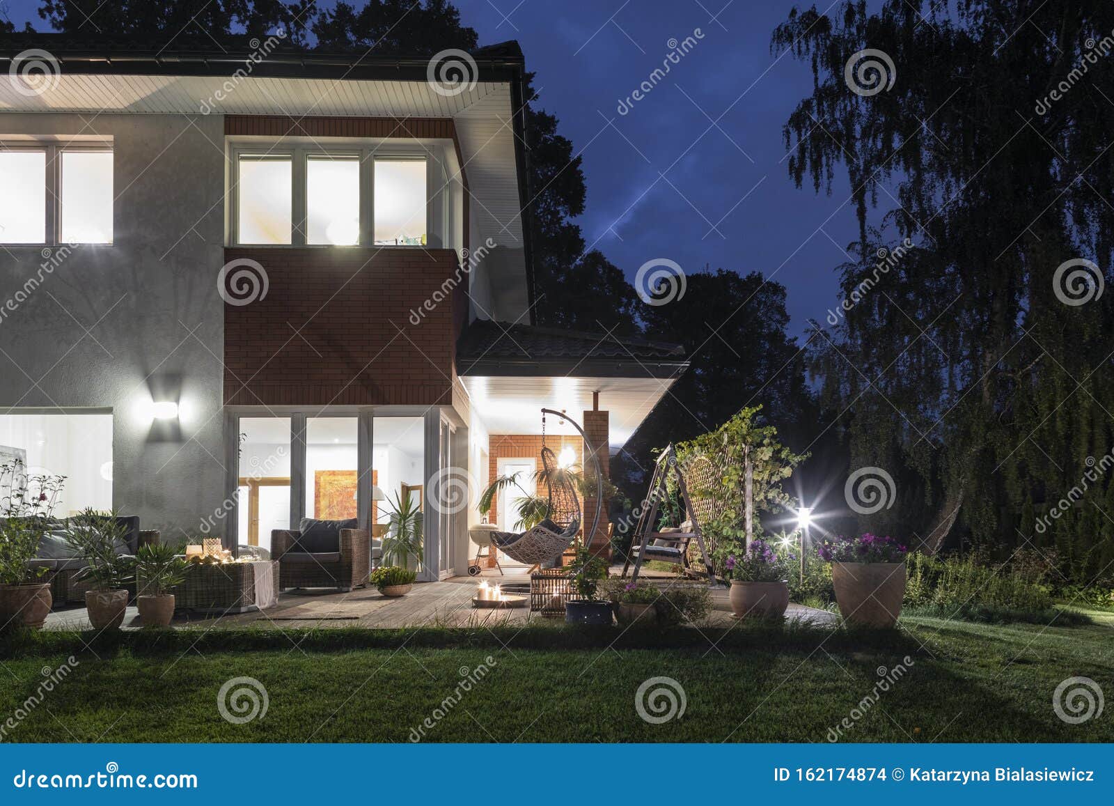 Modern house during night stock photo. Image of project - 162174874