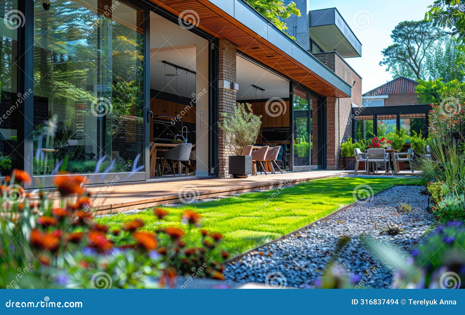Modern House with Big Garden View from the Garden Stock Photo - Image ...