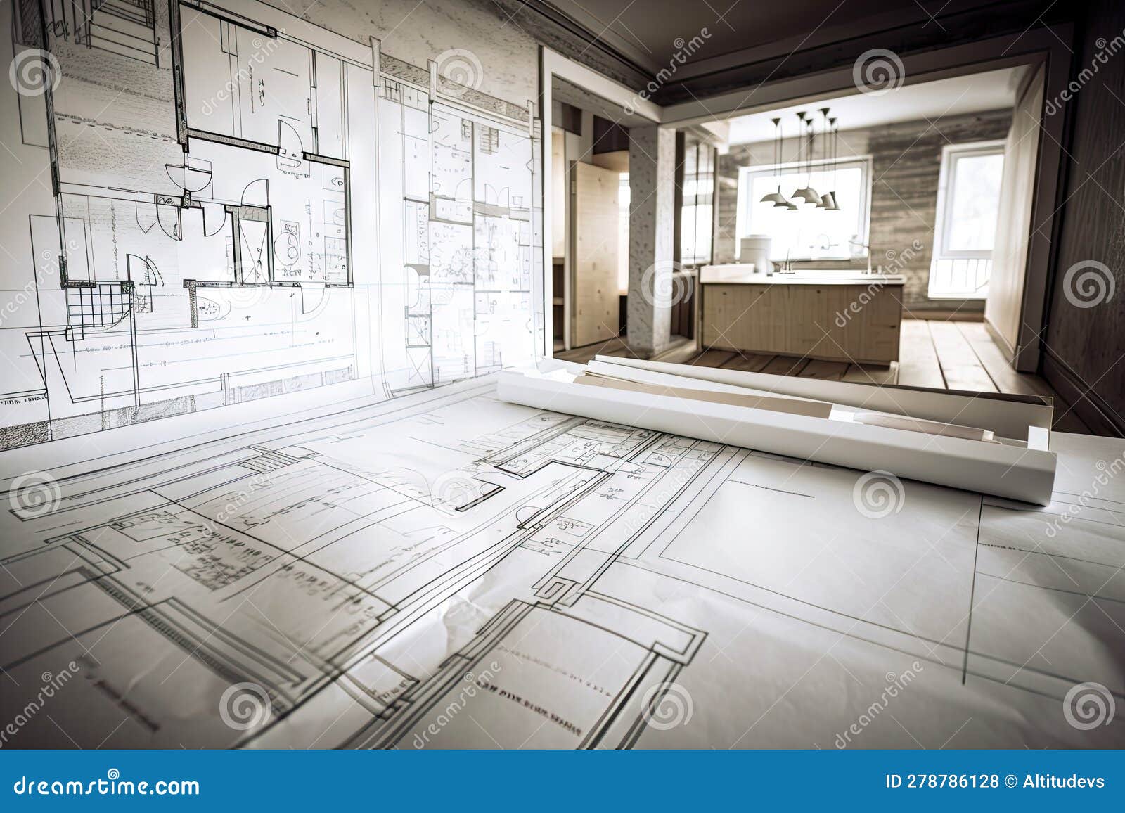 Modern House with Blueprints and Plans on the Wall Stock Illustration ...