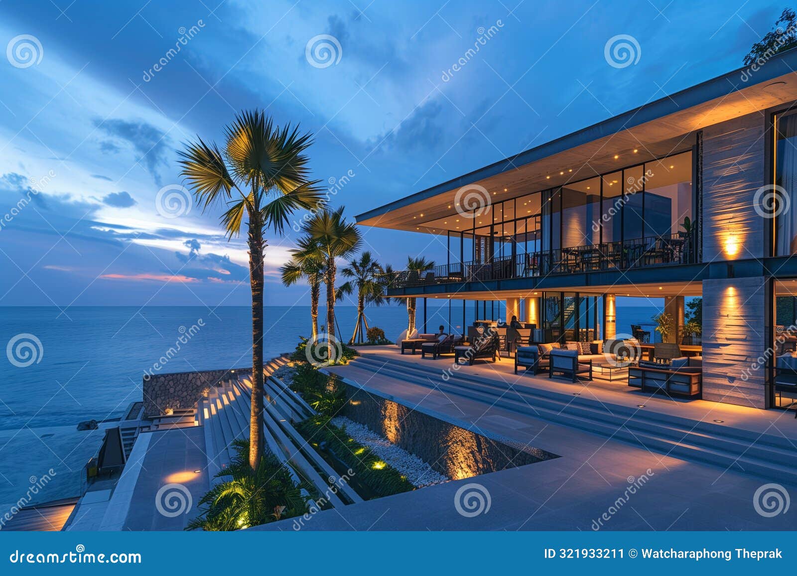 Modern House on Cliff with Ocean View at Night Stock Illustration ...