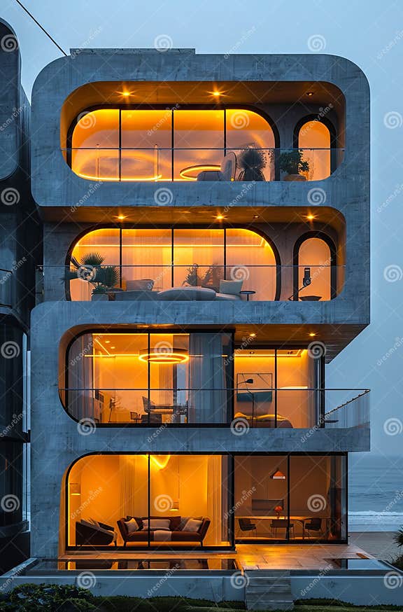 A Modern House with Curved Windows and Balconies Stock Photo - Image of ...
