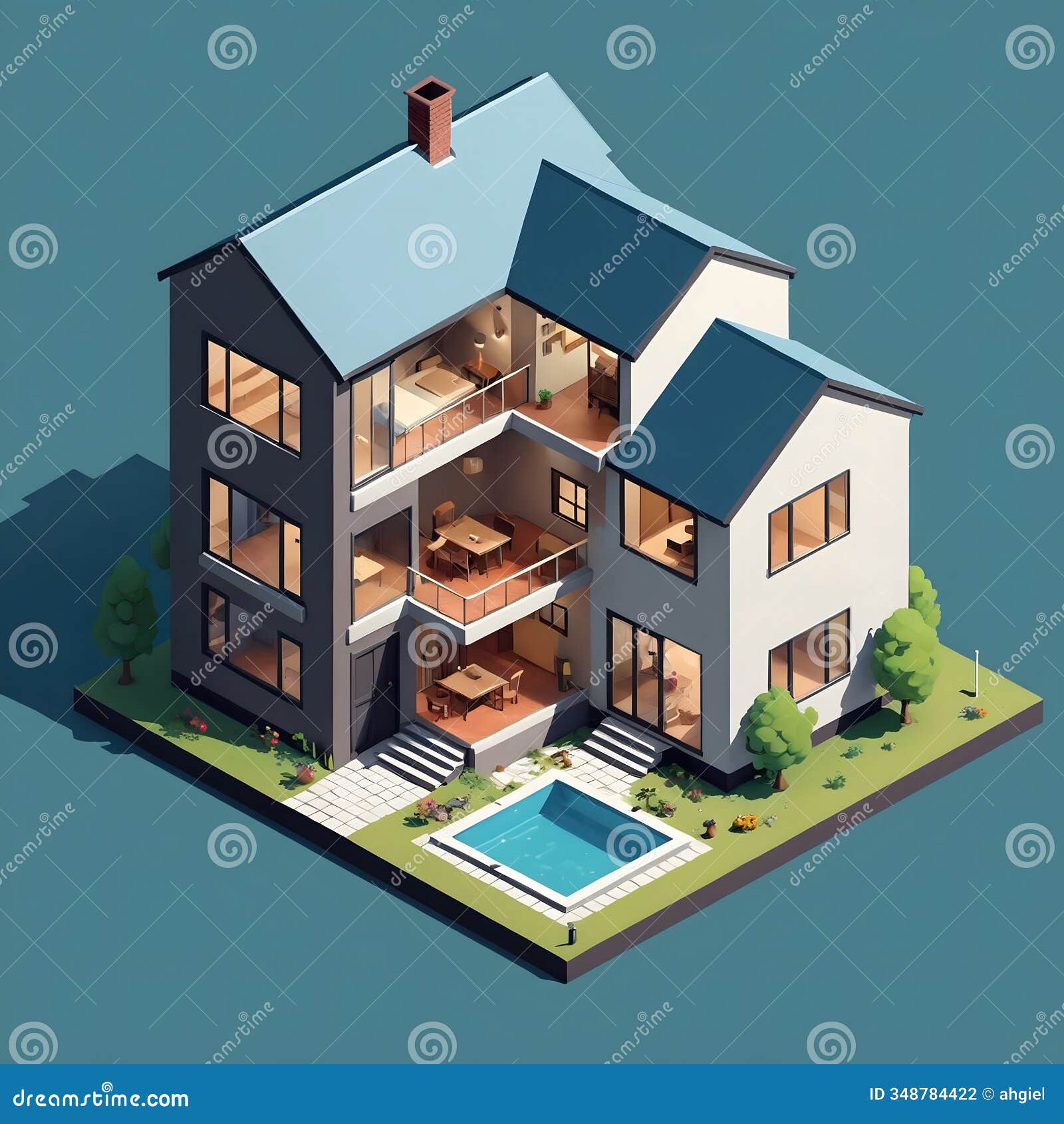 Modern House Cutaway Isometric View with Pool and Garden Stock ...