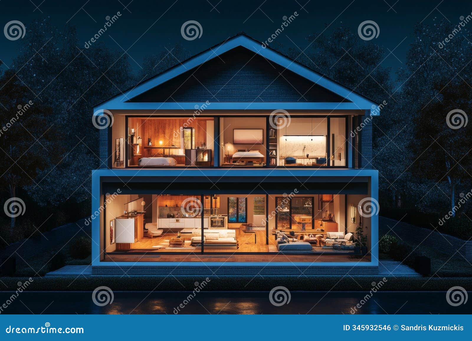 Modern House with a Cutaway View Showing the Interior at Night ...