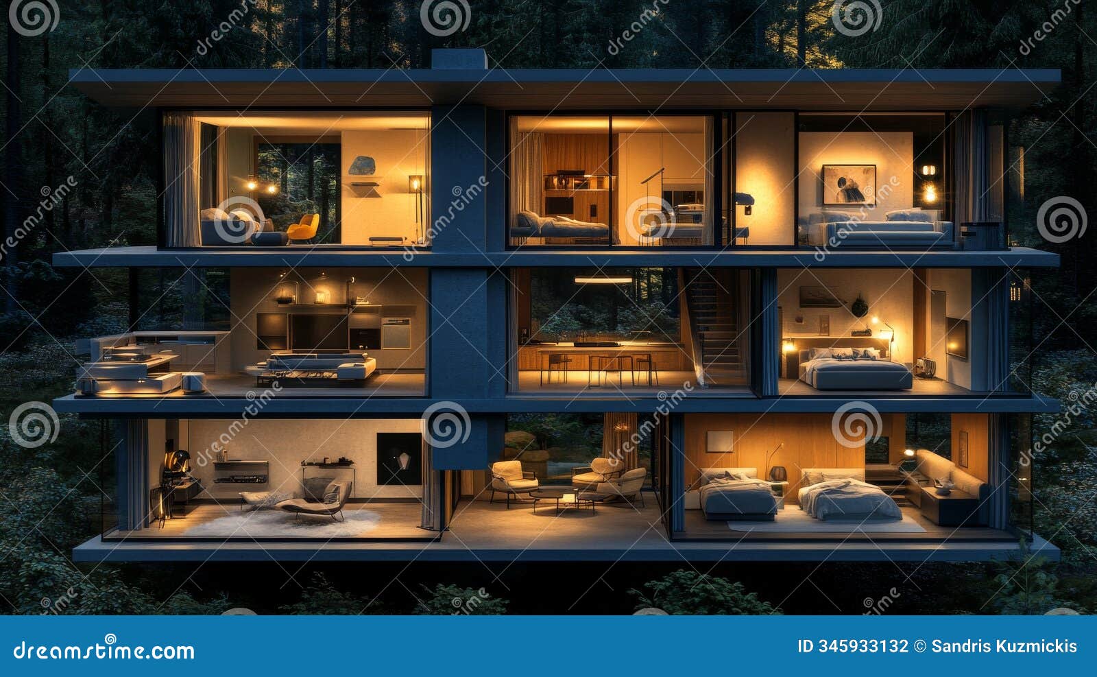 Modern House with a Cutaway View Showing the Interior at Night ...