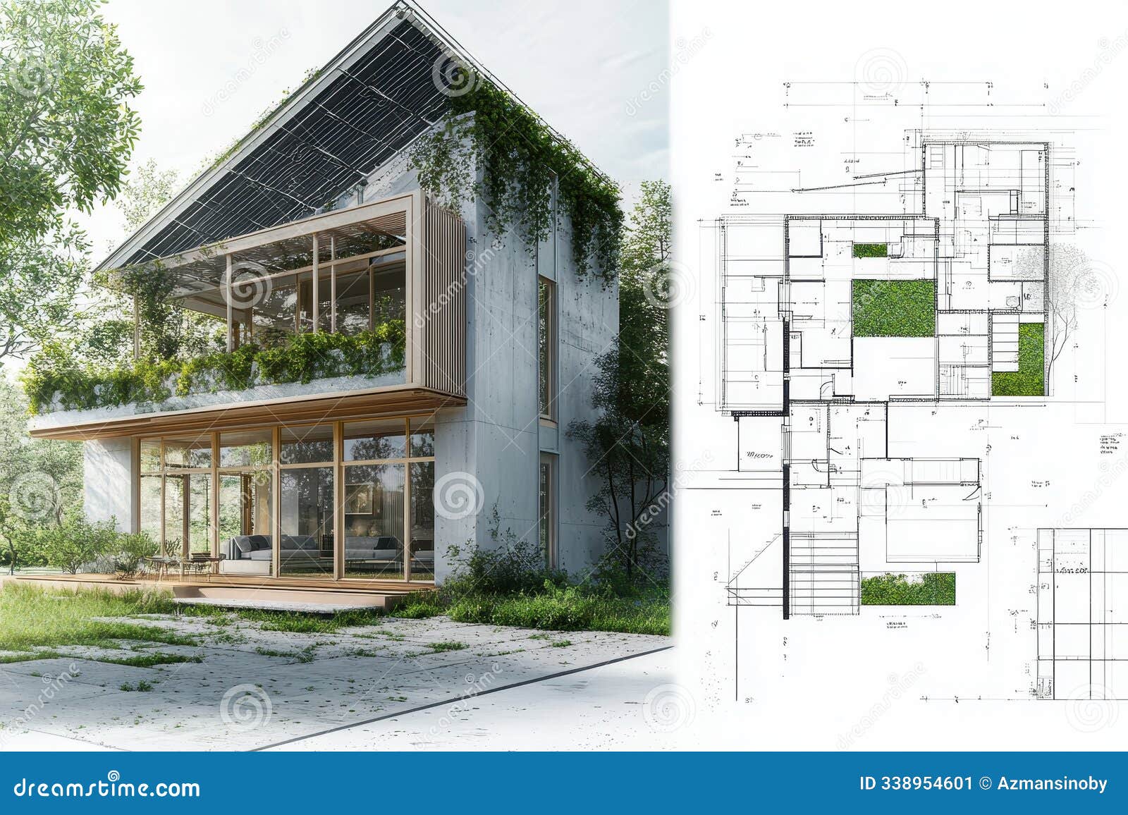 Modern House Design with Greenery and Architectural Plans Stock ...