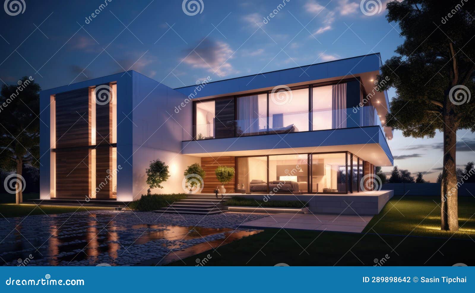 Modern House Exterior Evening View with Interior Lighting Stock ...