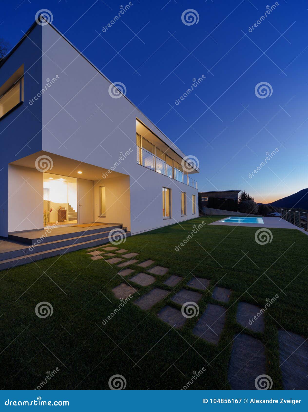 Modern Villa, Exterior in the Night, Lights on Stock Image - Image of ...
