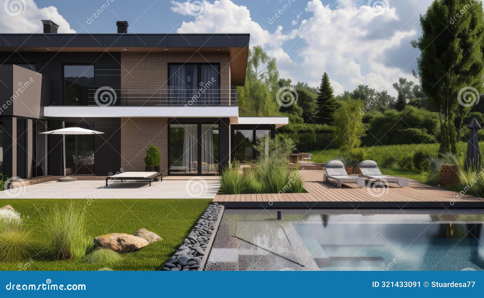 Modern House Exterior with Pool and Deck Stock Image - Image of ...