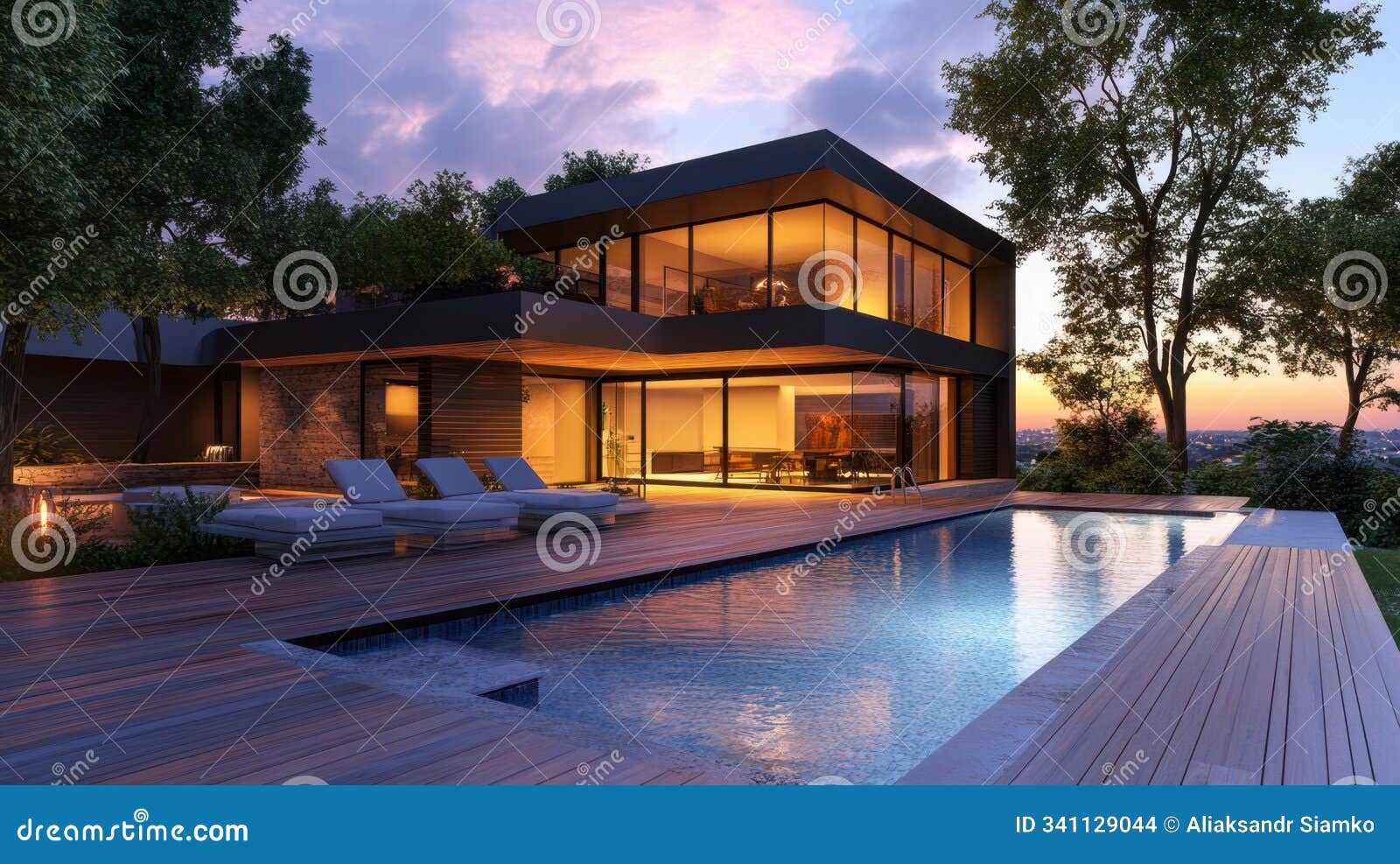 Modern House Exterior with Pool and Deck Design 3D Render Stock ...