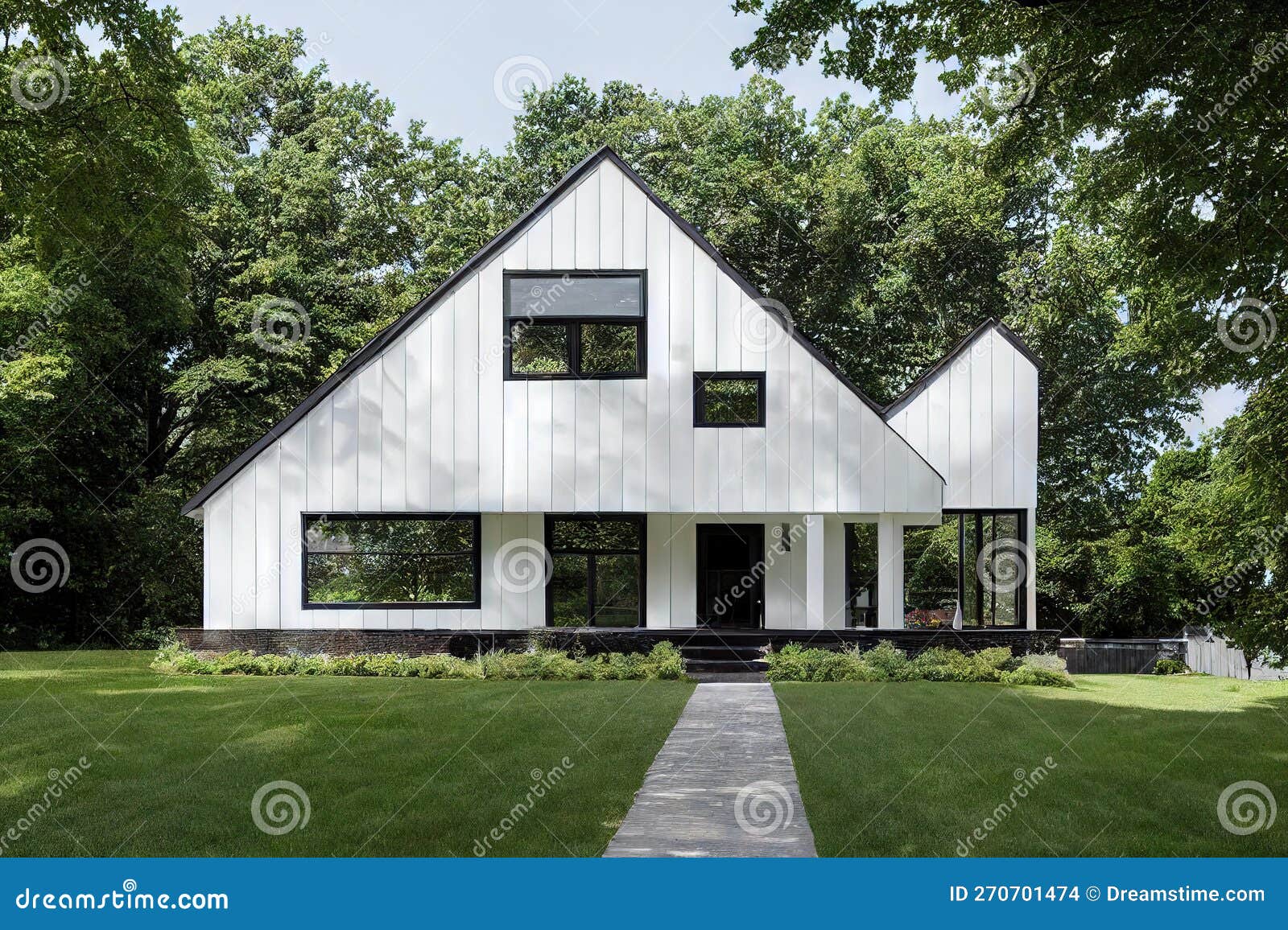 Modern House Exterior with Triangular Roof and Large Garden. Stock ...