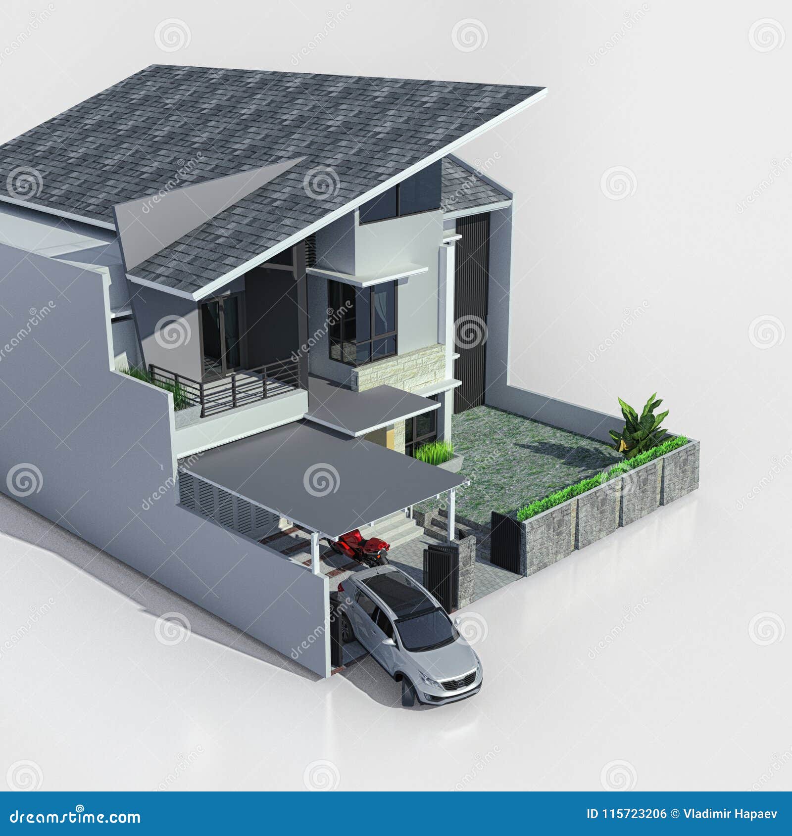 Modern House with Garage on White Background. 3d Rendering. Stock ...