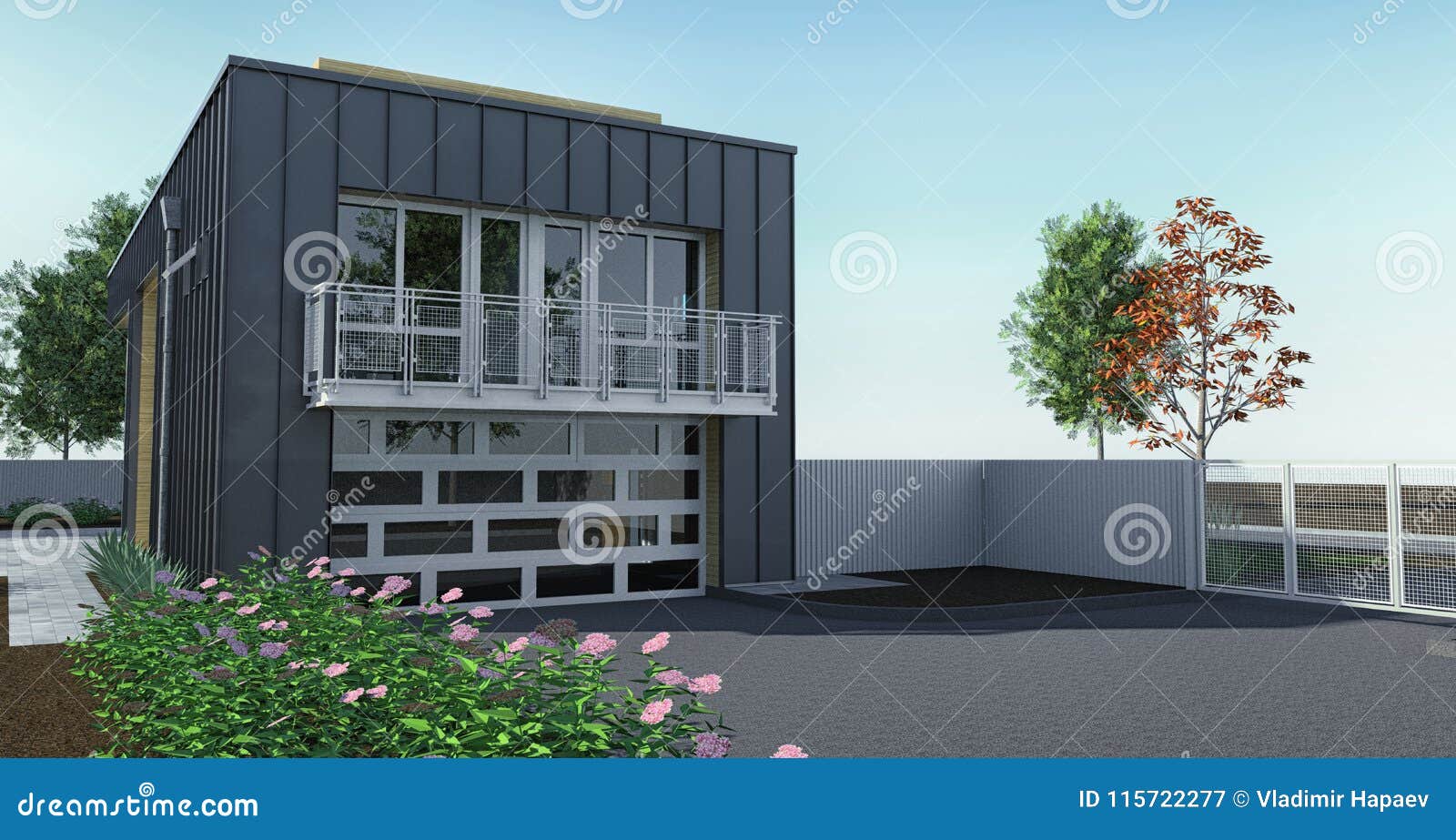 Modern House with Garden and Garage. 3d Rendering. Stock Illustration ...