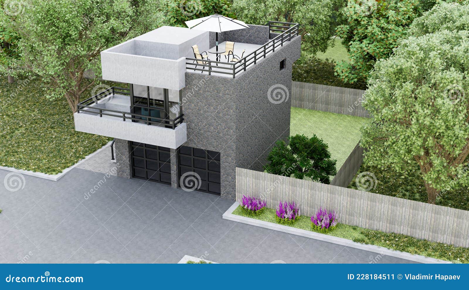 Modern House with Garden and Garage. 3d Rendering. Stock Illustration ...