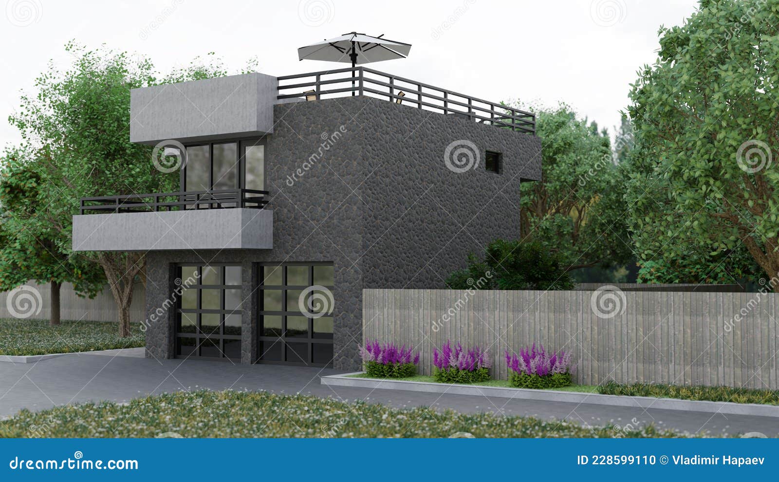 Modern House with Garden and Garage. 3d Rendering. Stock Illustration ...