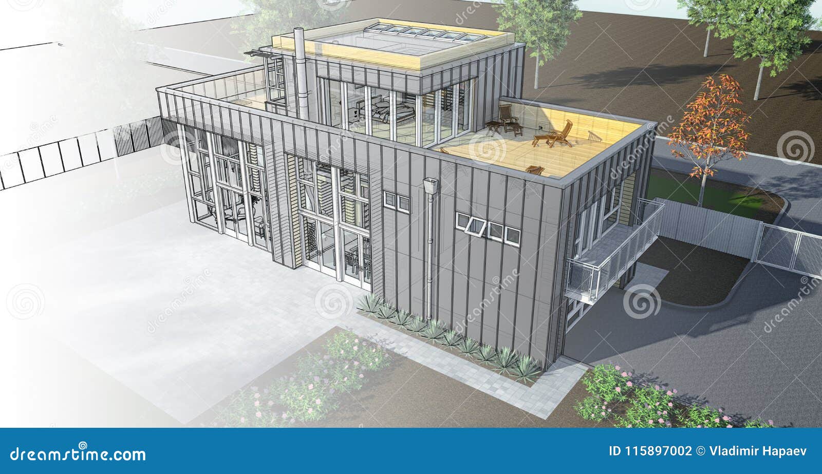 Modern House with Garden and Garage. a Three-dimensional Raster Image ...