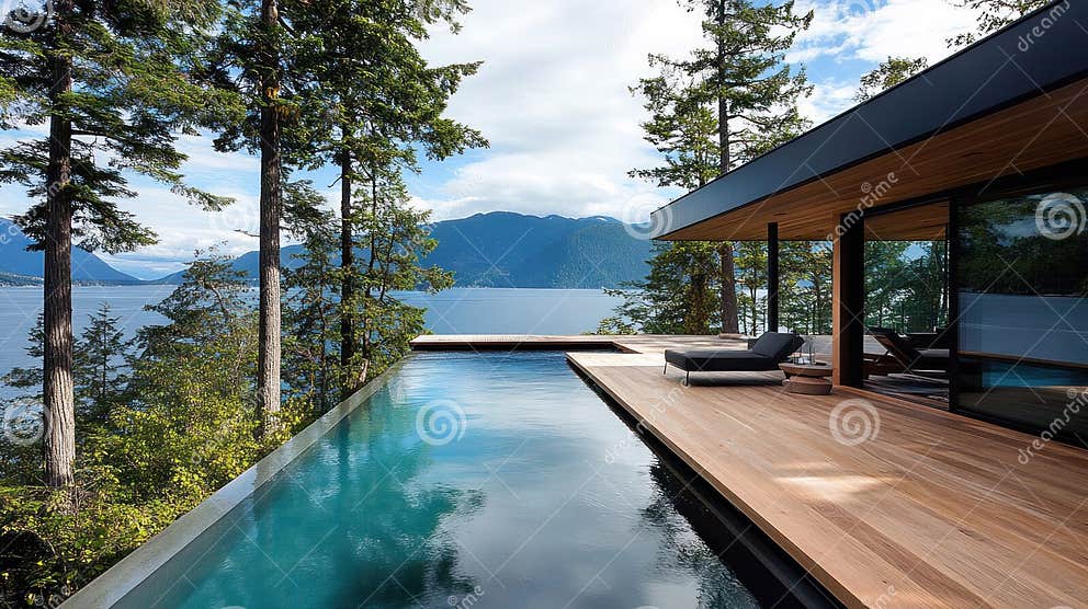 Modern House with Infinity Pool by a Lake Stock Illustration ...