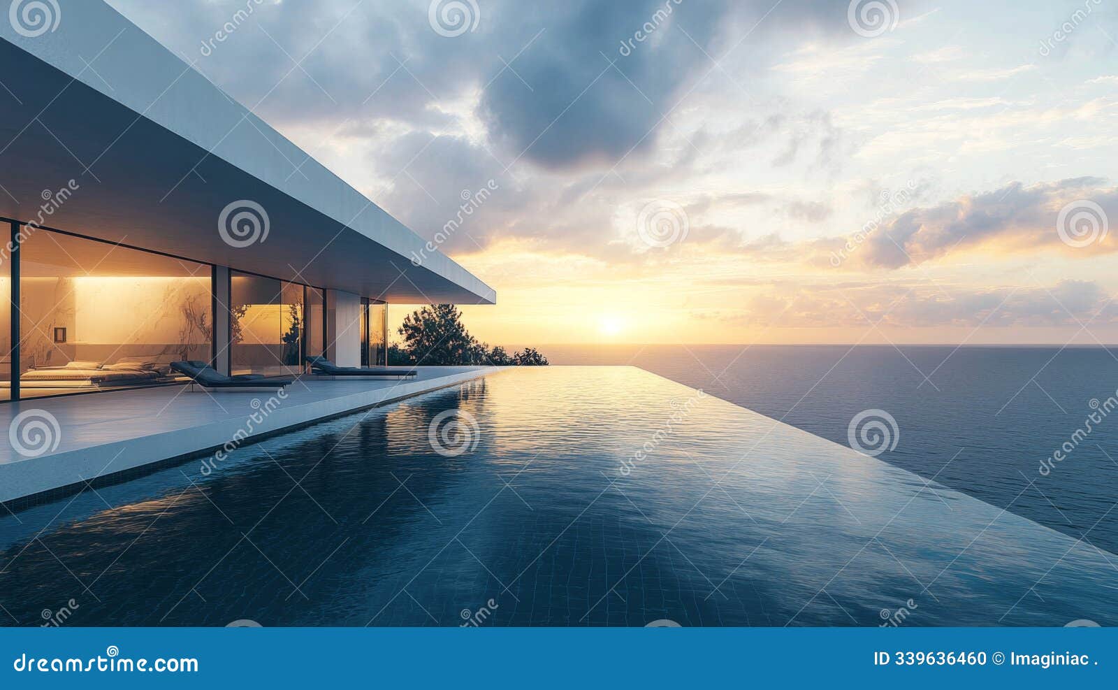 Modern House with Infinity Pool Overlooking the Ocean at Sunset Stock ...