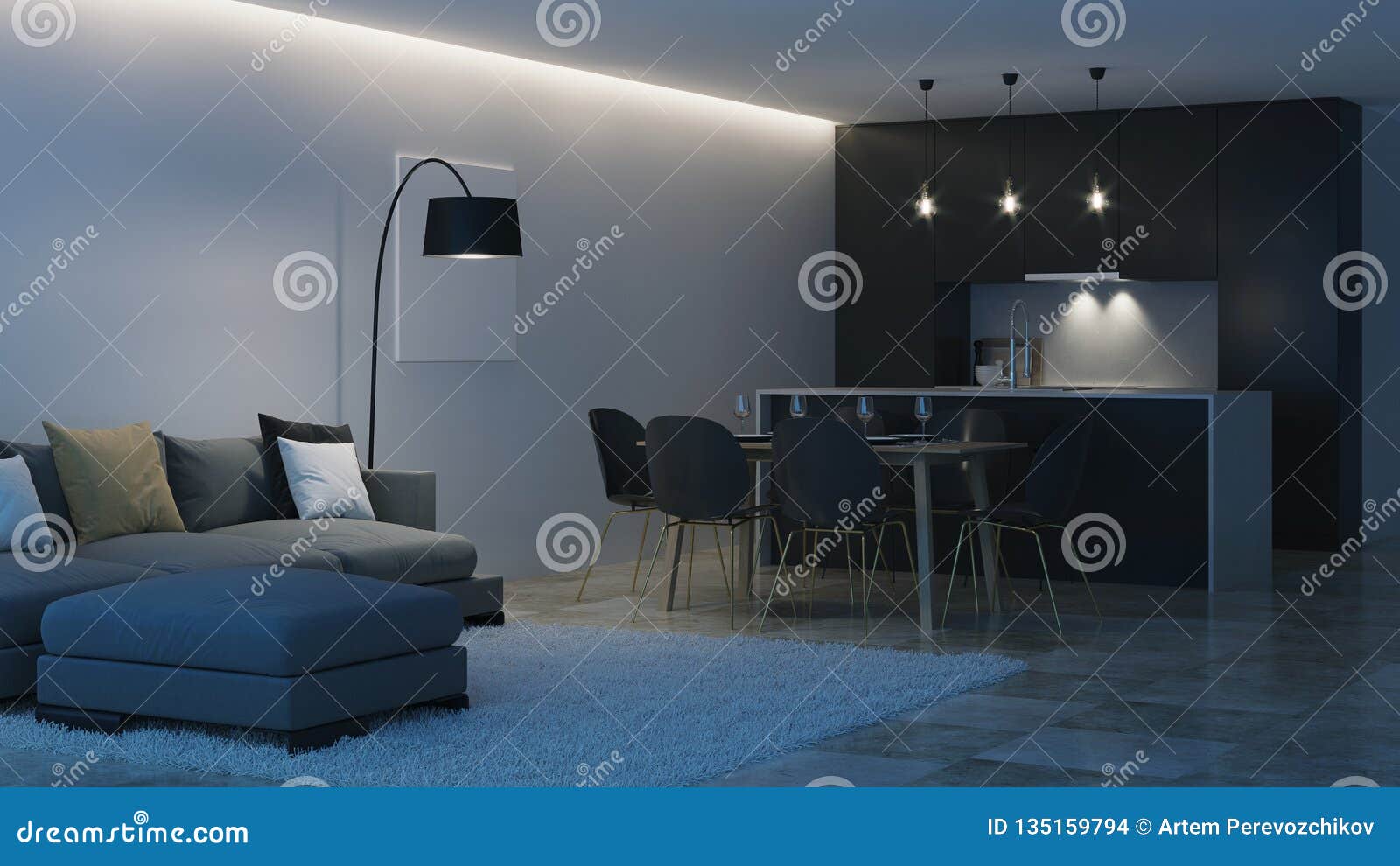 Modern House Interior. Black Kitchen. Night. Evening Lighting Stock ...