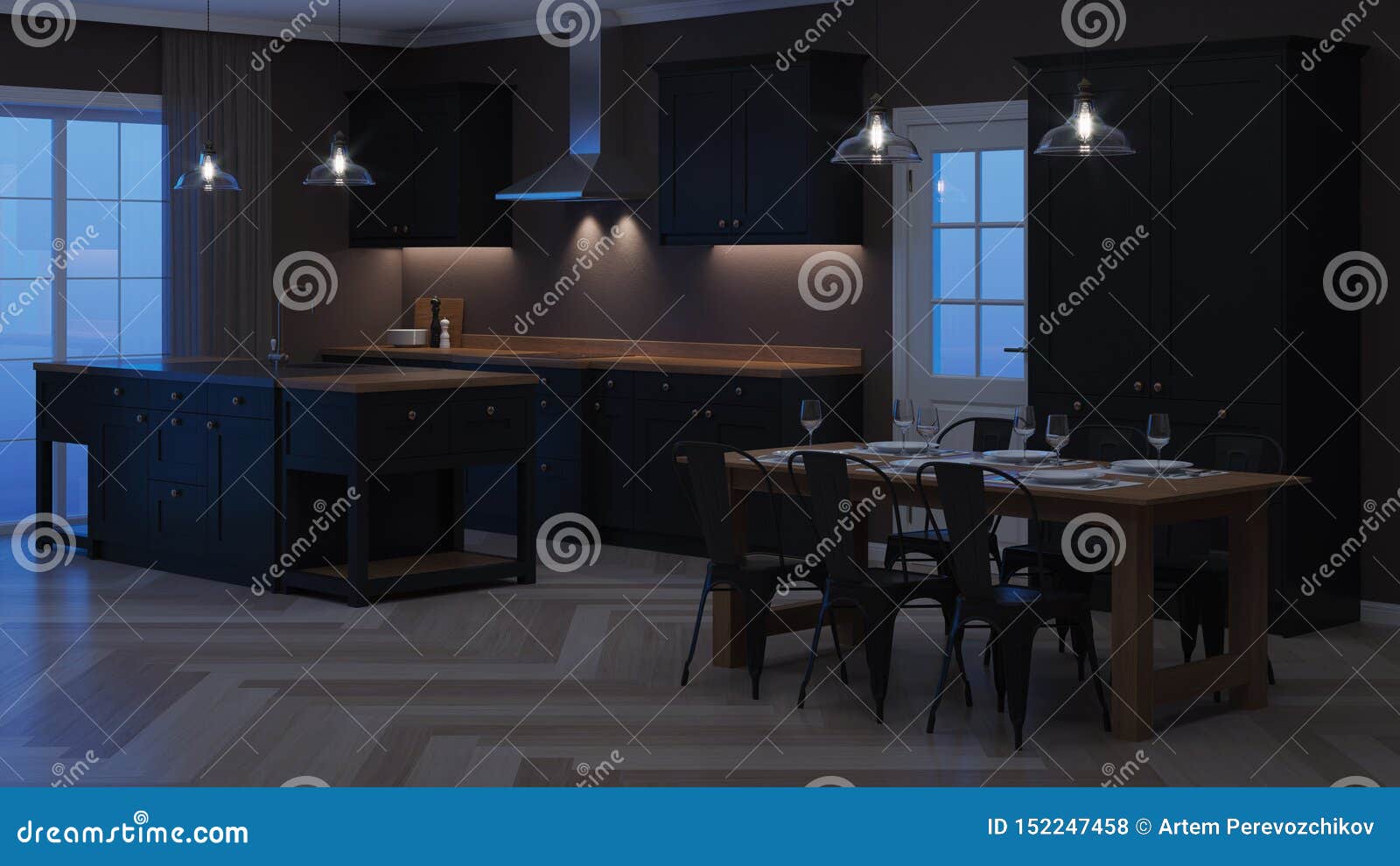 Modern House Interior. Interior with Black Kitchen. Night. Evening ...