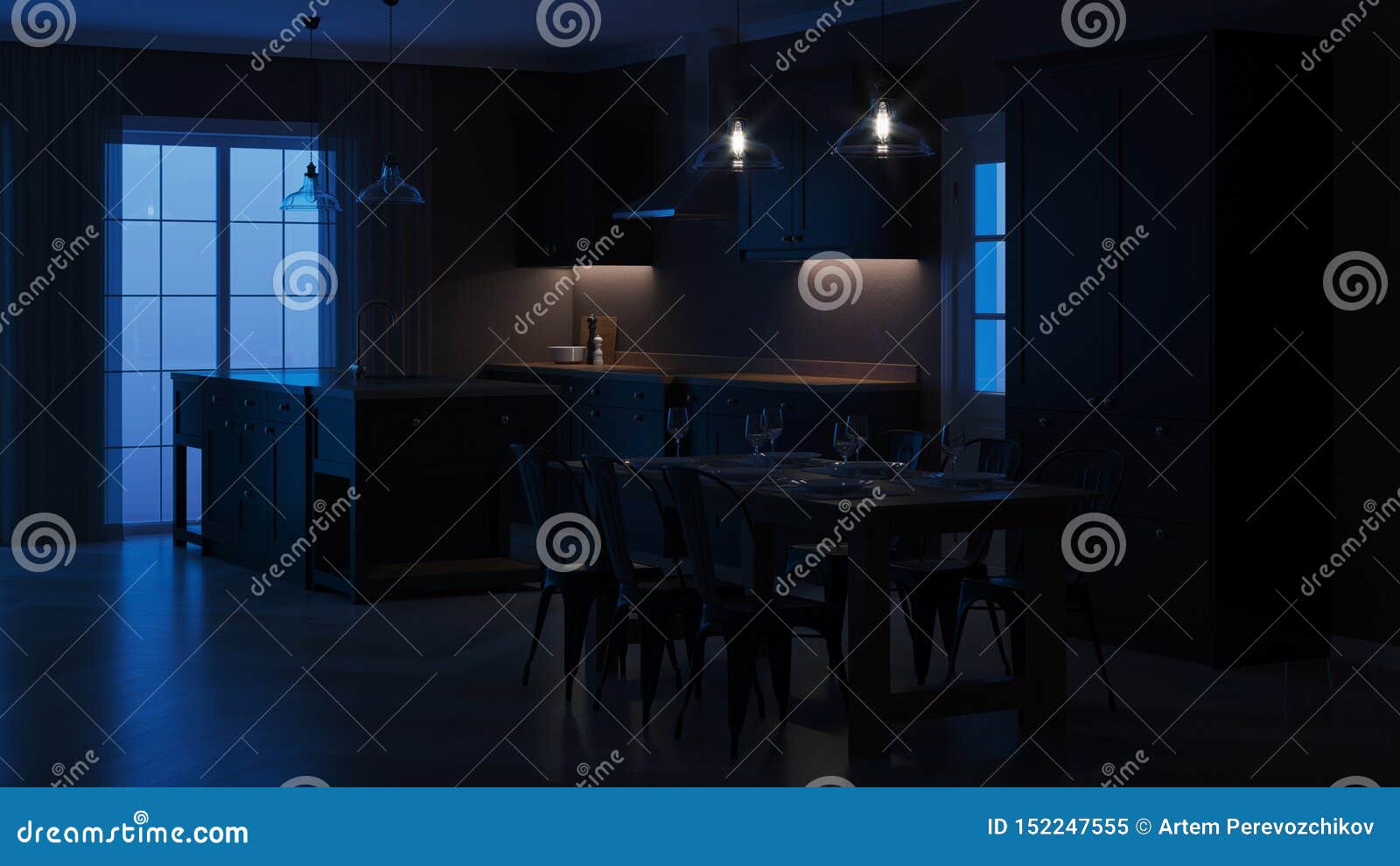Modern House Interior. Interior with Black Kitchen. Night. Evening ...