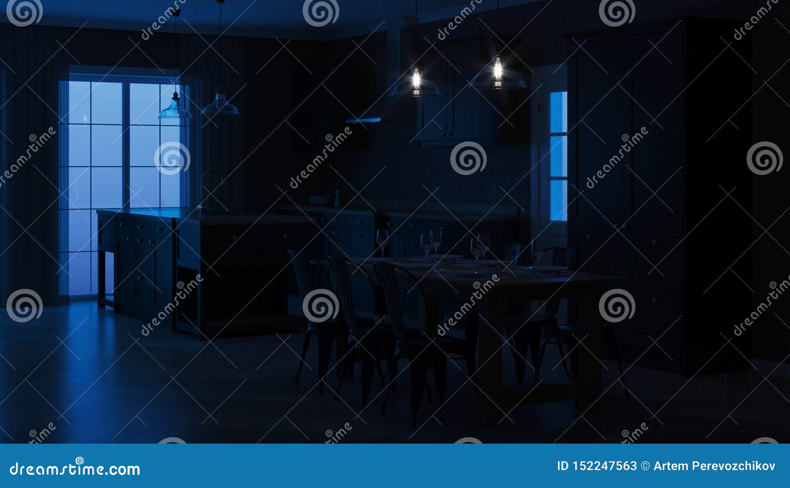 Modern House Interior. Interior with Black Kitchen. Night. Evening ...