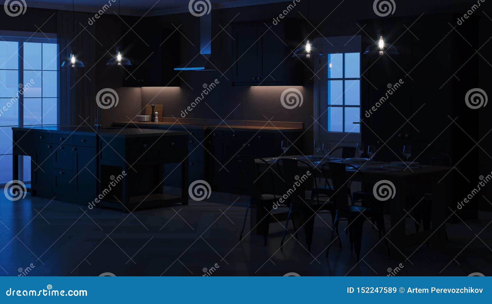 Modern House Interior. Interior with Black Kitchen. Night. Evening ...