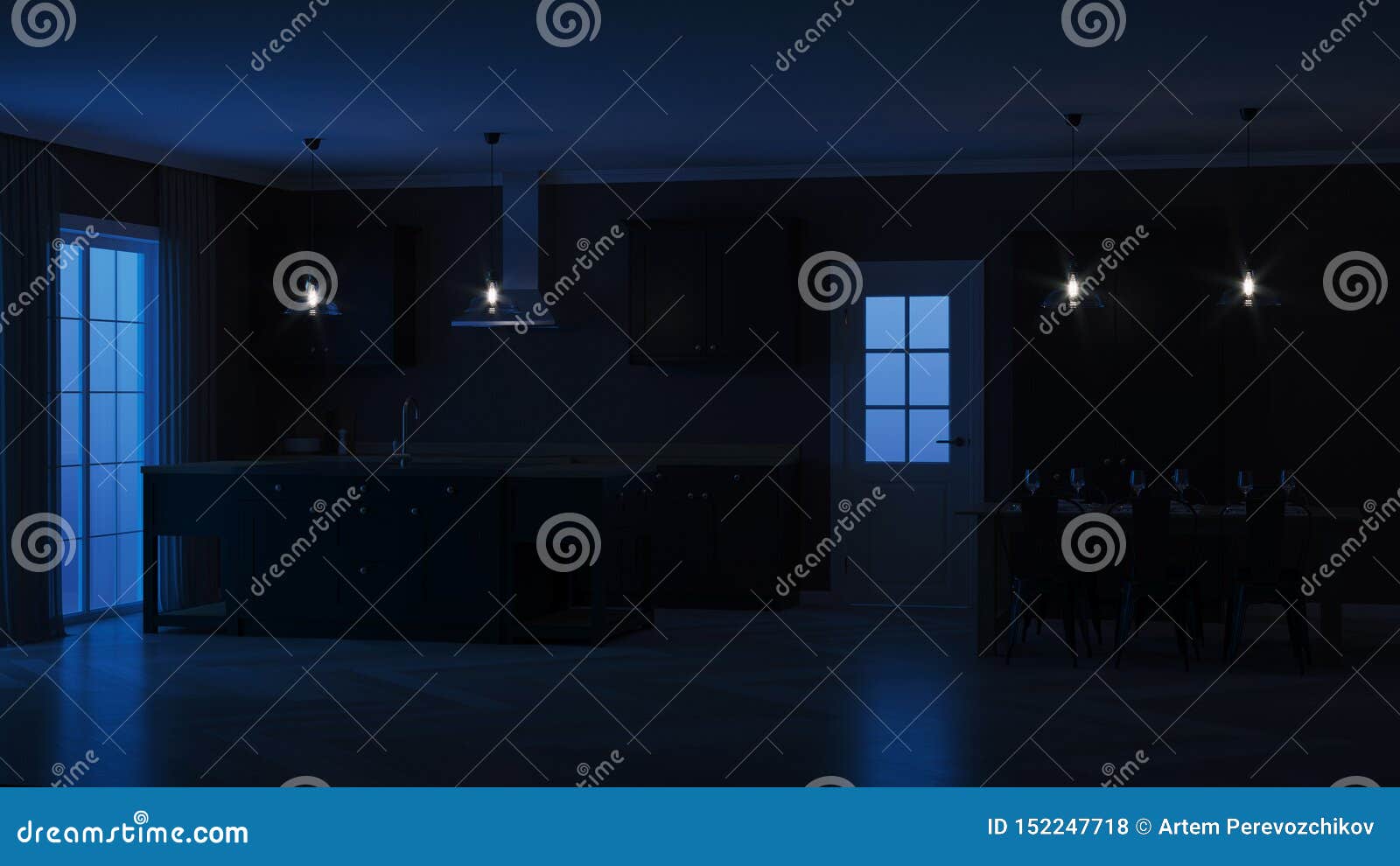 Modern House Interior. Interior with Black Kitchen. Night. Evening ...