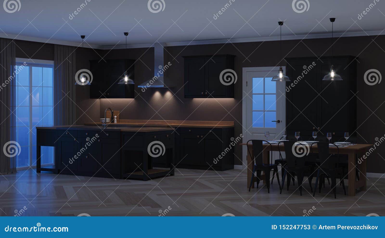 Modern House Interior. Interior with Black Kitchen. Night. Evening ...