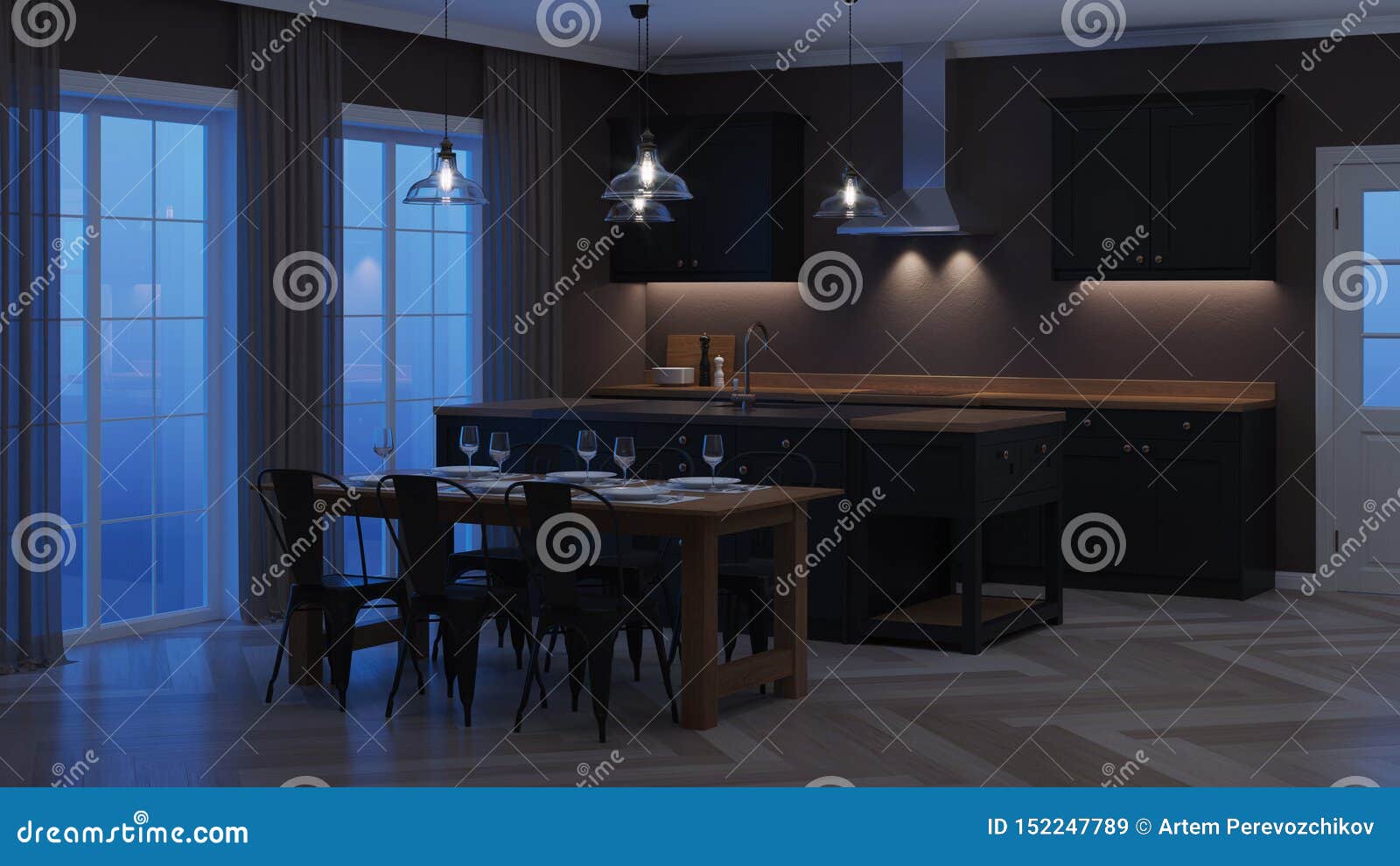Modern House Interior. Interior with Black Kitchen. Night. Evening ...