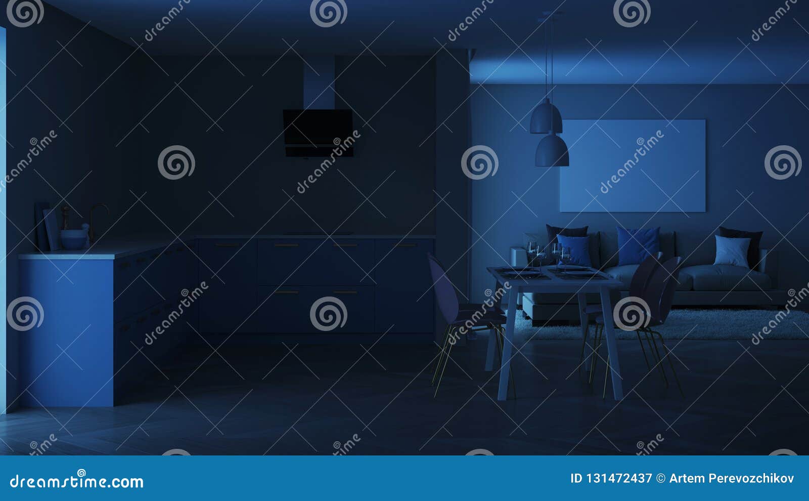 Modern House Interior. Blue Kitchen. Night Stock Illustration ...