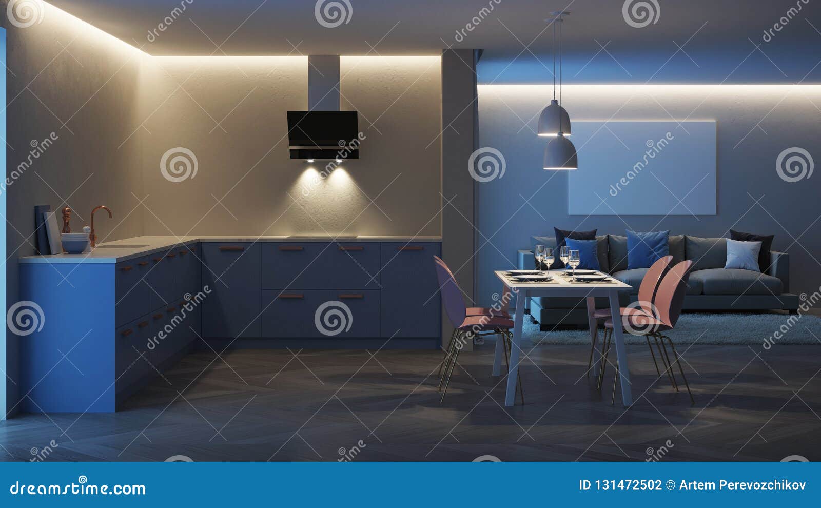 Modern House Interior. Blue Kitchen. Night Stock Illustration ...