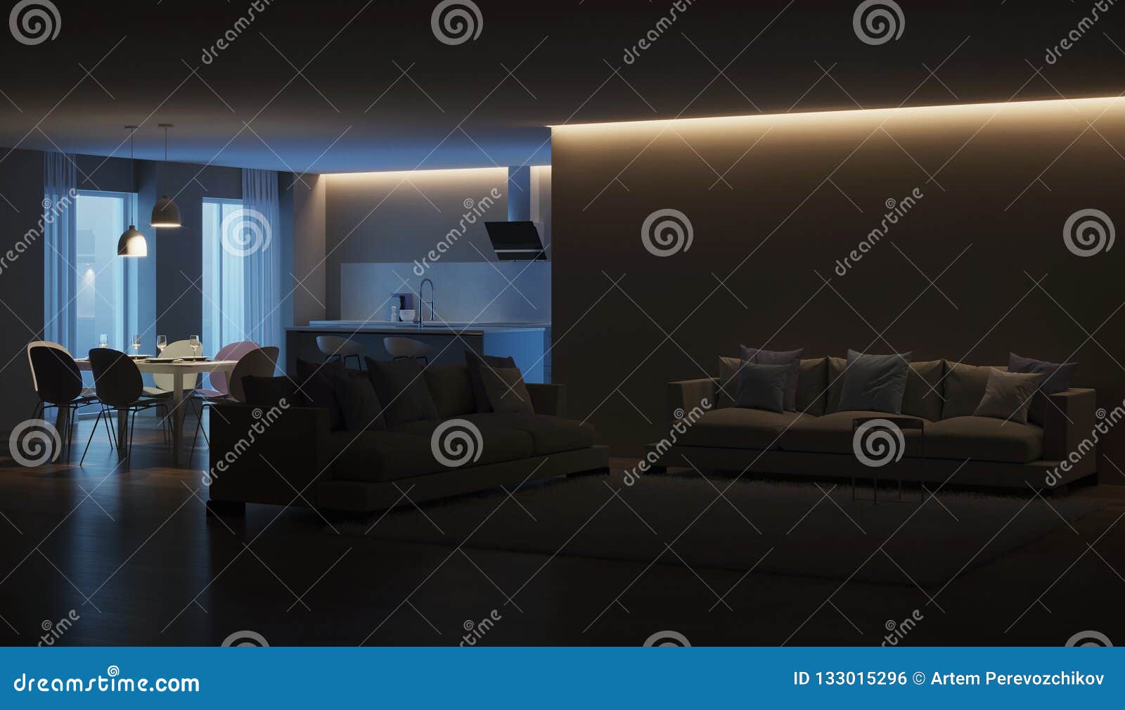 Modern House Interior. Blue Kitchen. Night. Evening Lighting Stock ...