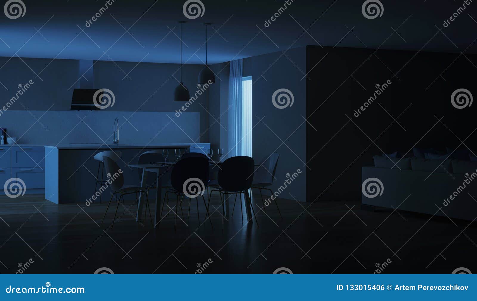 Modern House Interior. Blue Kitchen. Night. Evening Lighting Stock ...